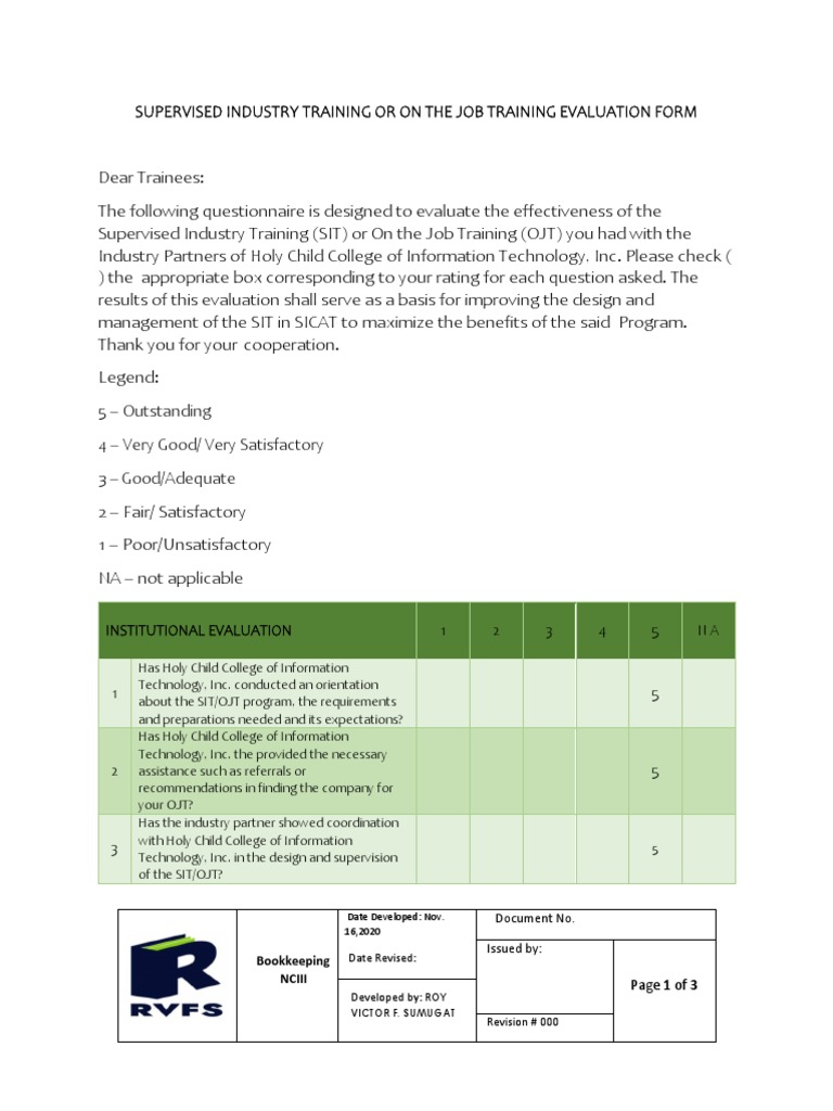 Evaluate SIT/OJT Program | PDF | Evaluation | Behavior Modification