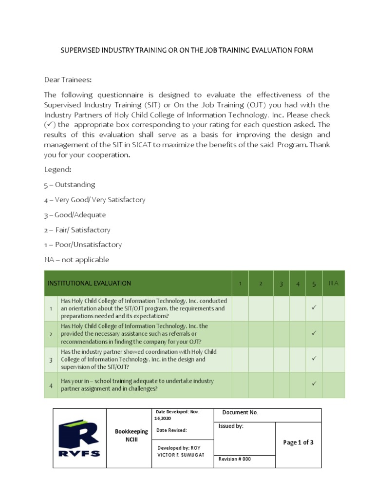 OJT Evaluation for Bookkeeping NCIII | PDF | Evaluation | Behavior ...