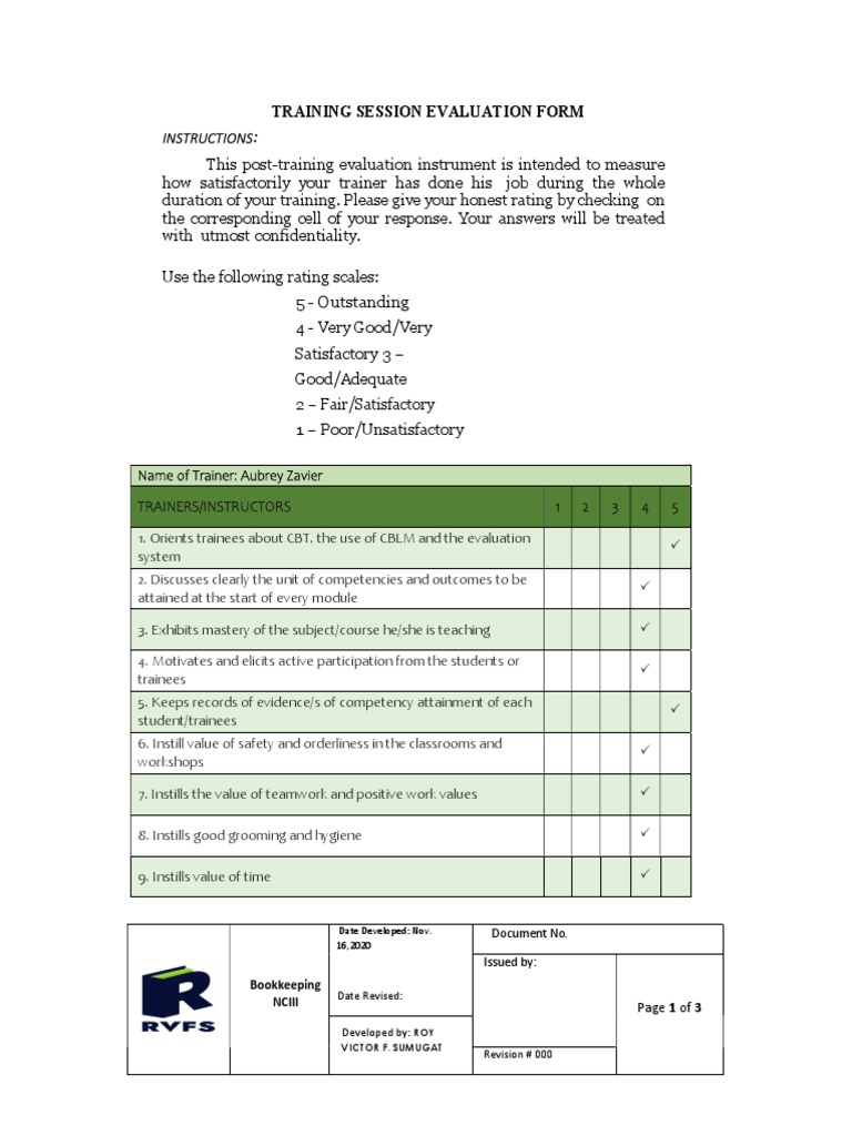 Training Session Evaluation Form: Document No. Issued by | PDF | Educational Technology ...