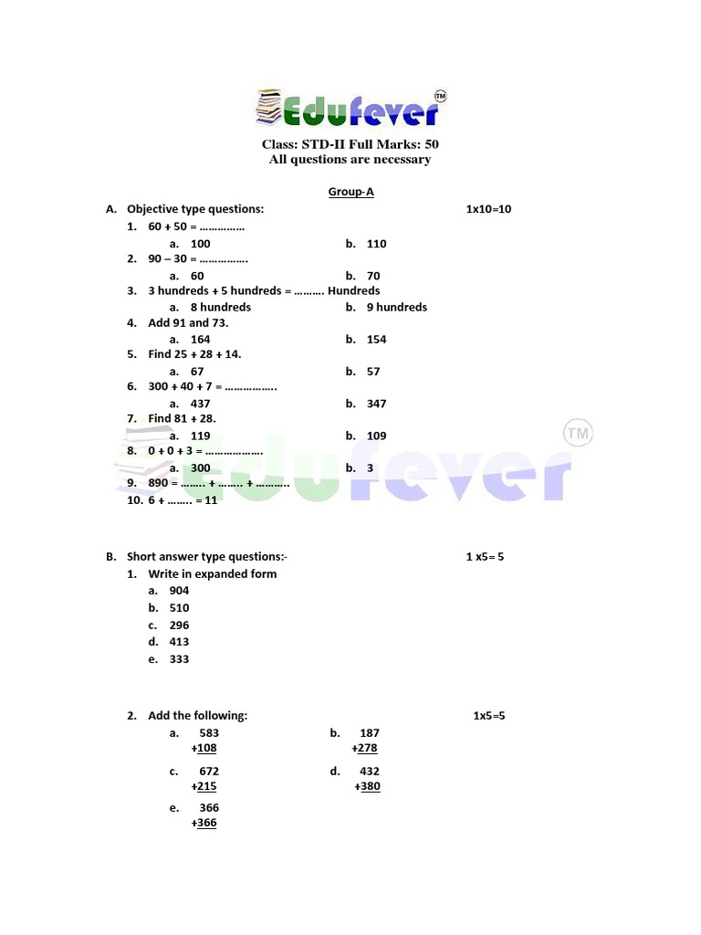 Cbse Class 2 Math Sample Paper 50 | PDF