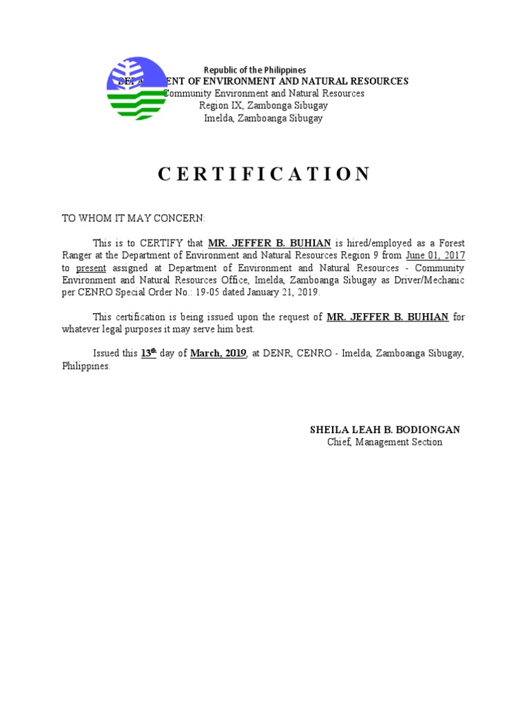 Certificate of Employment Buhian | PDF