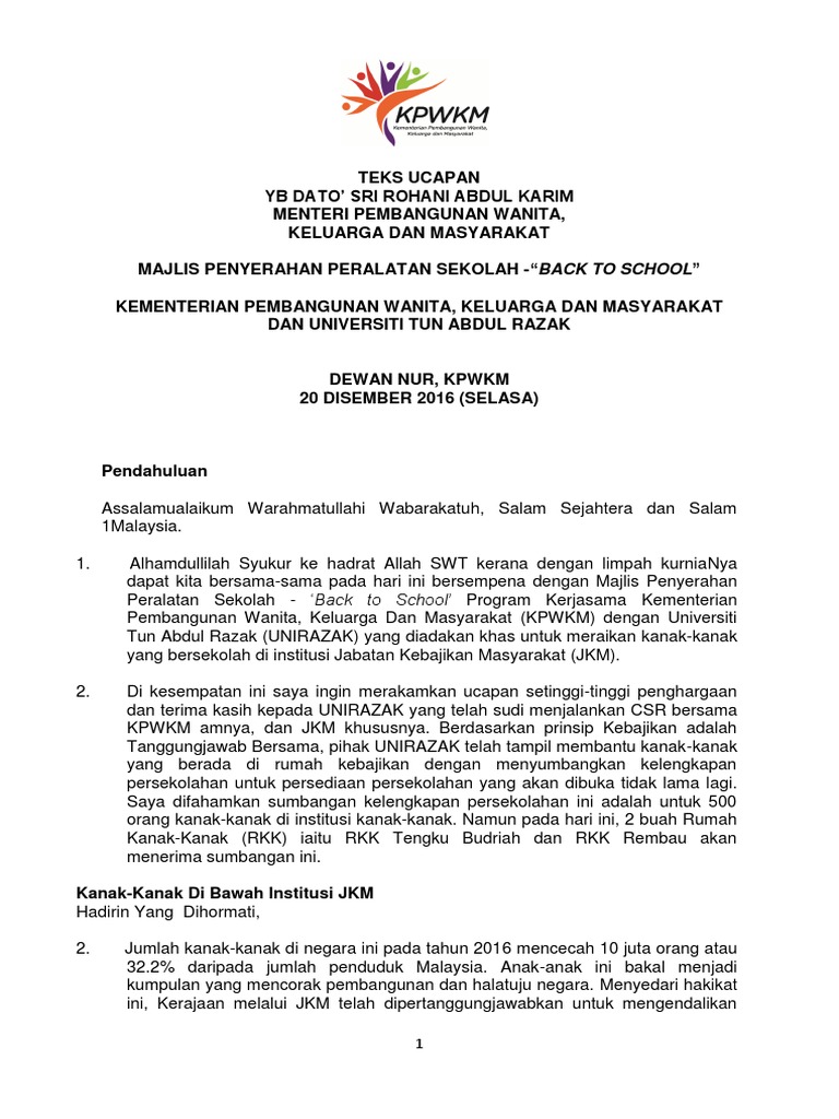 Media - Teks Ucapan YBM Majlis Back To School - 20 - 12 - 2016 | PDF