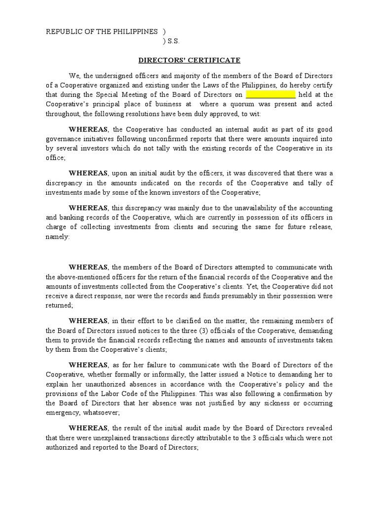 Ocs - Directors' Certificate (All in One) | PDF | Tribunal | Board Of ...