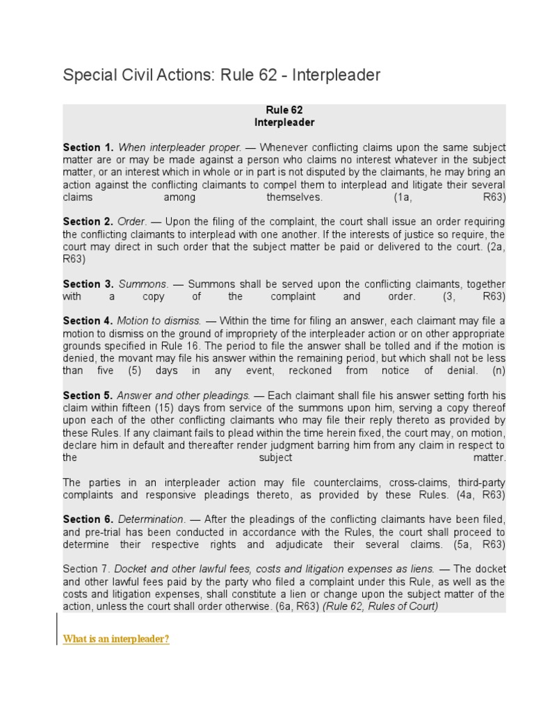 Special Civil Actions: Rule 62 - Interpleader: What Is An Interpleader? | PDF | Lawsuit | Pleading