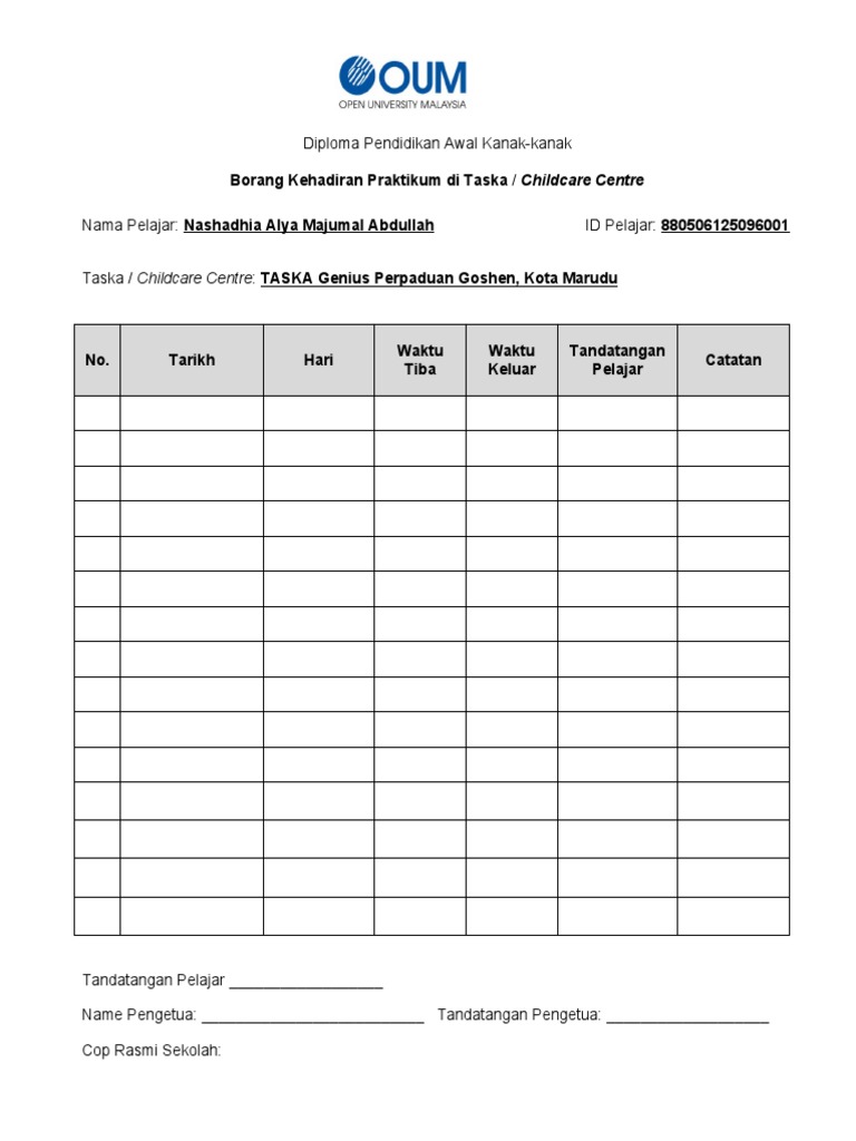 Appendix 4 - Borang Kehadiran Praktikum