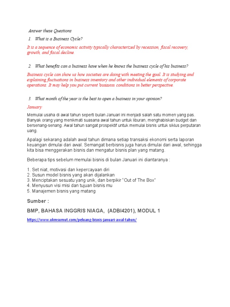 Answer These Questions 1. What Is A Business Cycle?: Sumber: BMP ...