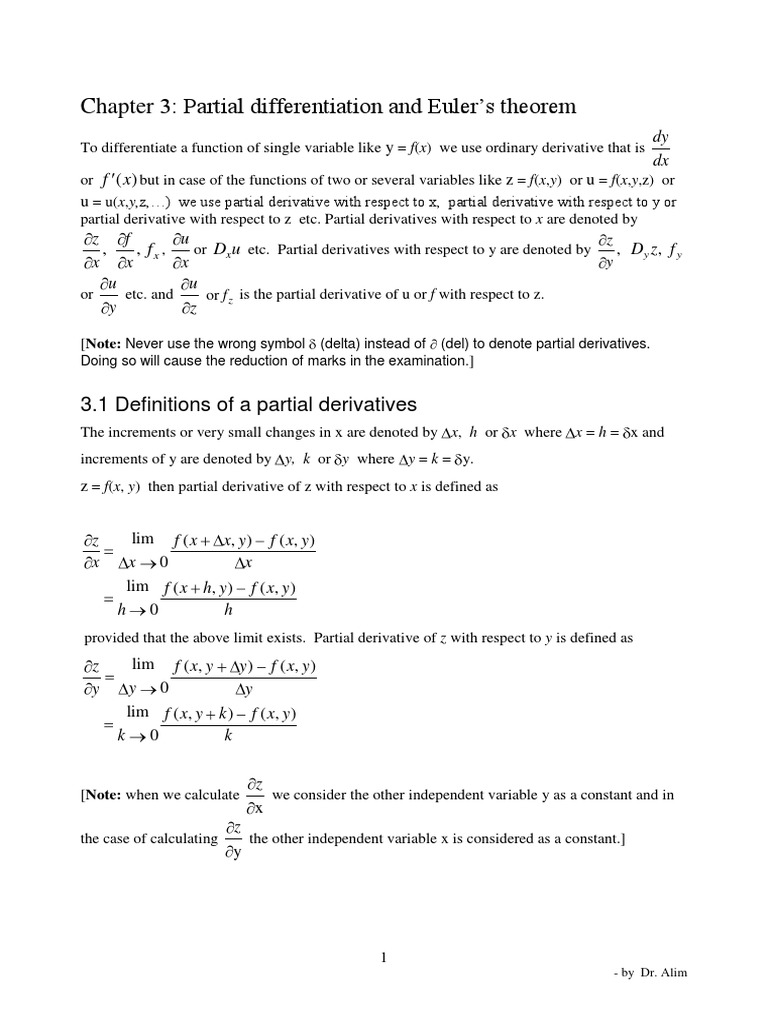 Chapter 3: Partial Differentiation and Euler's Theorem: 3.1 Definitions of A Partial Derivatives ...
