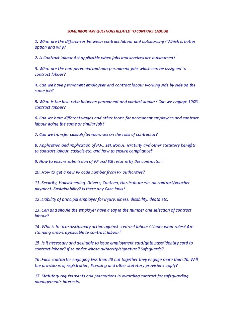 Key Questions on Contract Labour Issues | PDF | Independent Contractor ...
