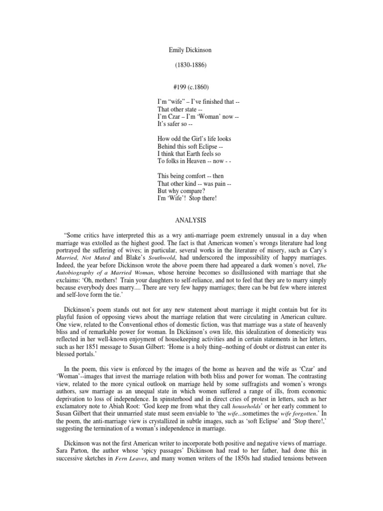 POEMS Dickinson, Emily Im Wife - I've Finished That No199 (C 1860 ...