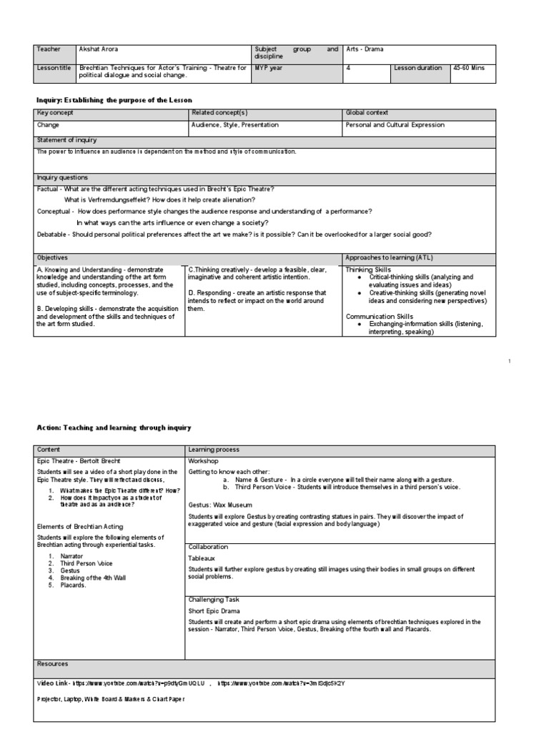 MYP Lesson Plan - Greek Theatre | PDF | Cognition | Learning