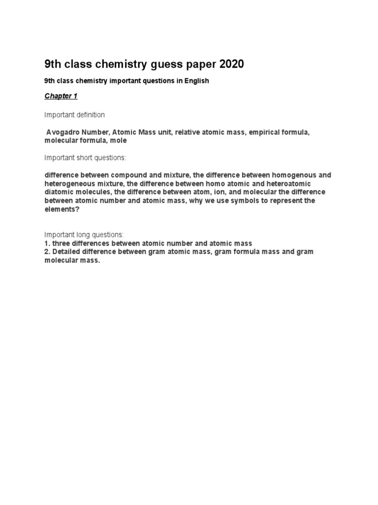 9th Class Chemistry Guess Paper 2020 | PDF