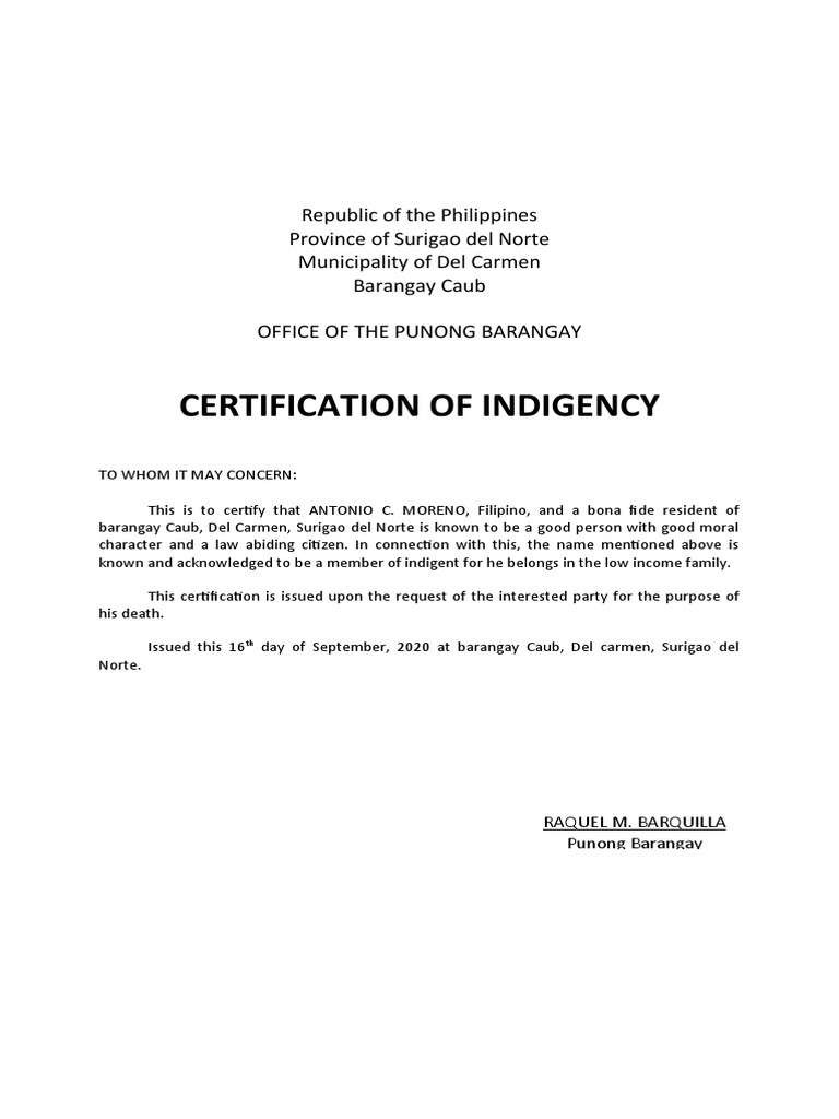 Certification of Indigency | PDF