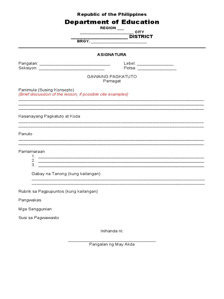 Learning Activity Sheet Template Tagalog | PDF