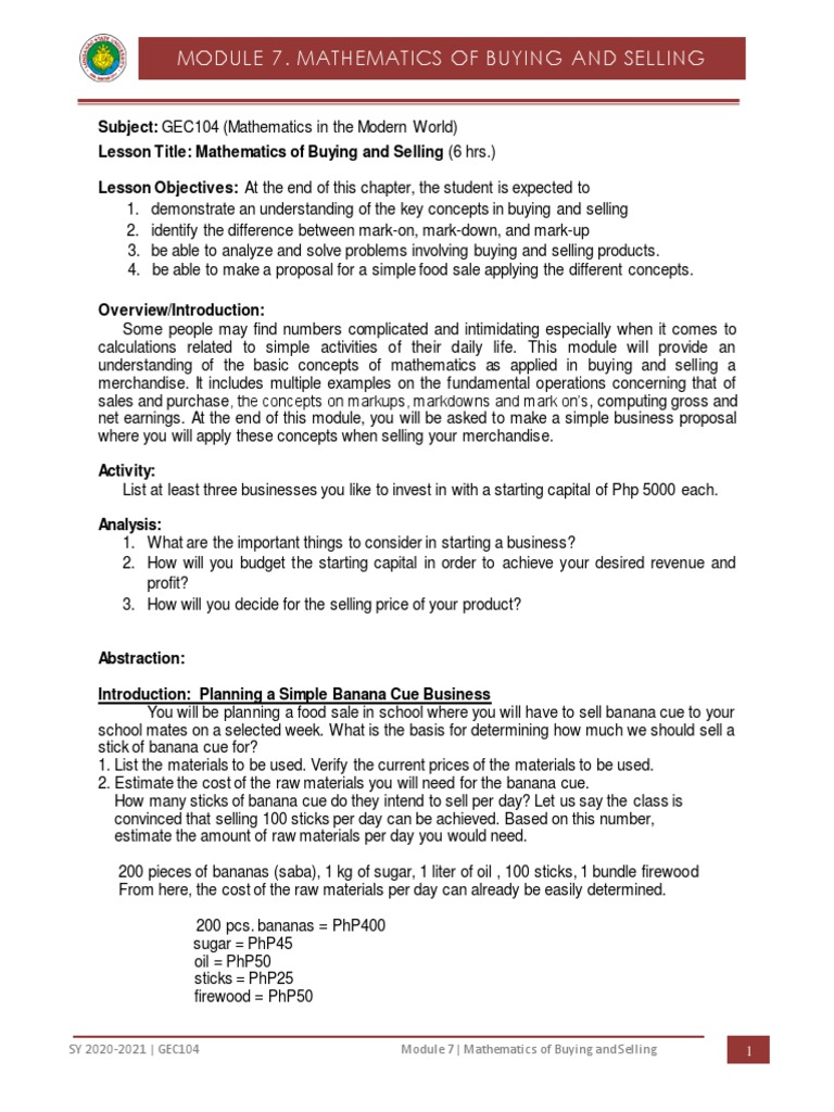 Gec104 Module 7 | PDF | Prices | Cost