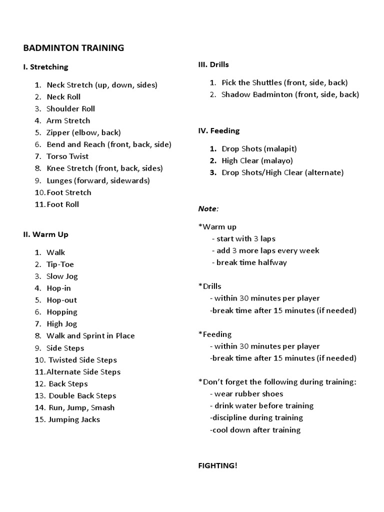 Badminton Training: I. Stretching III. Drills | PDF