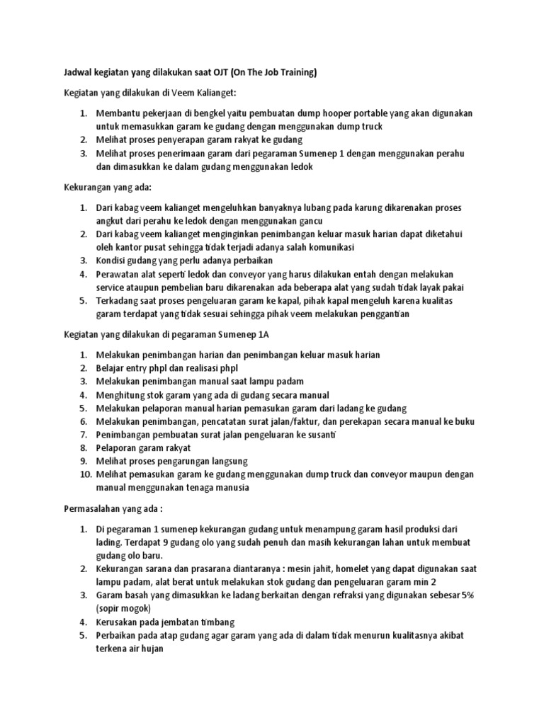 Jadwal Kegiatan Yang Dilakukan Saat OJT | PDF