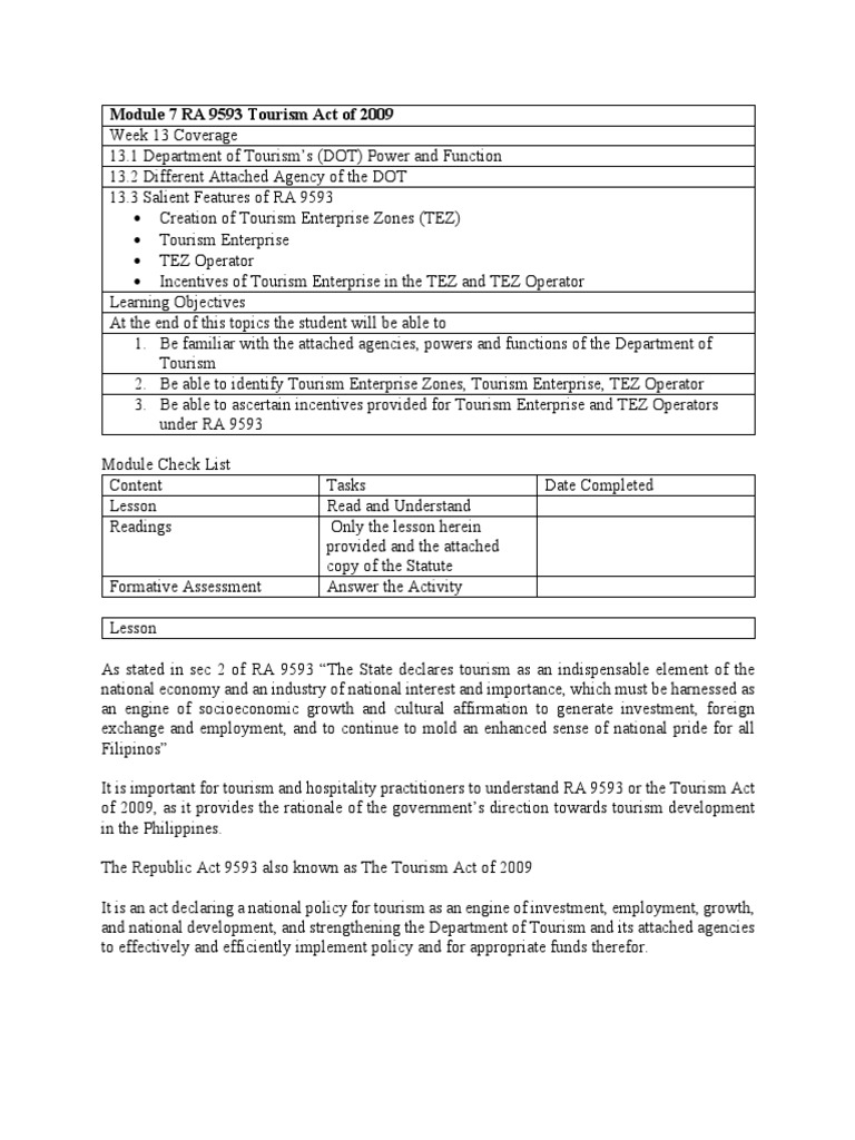 RA 9593 Tourism Act of 2009 | PDF | Tax Exemption | Taxes