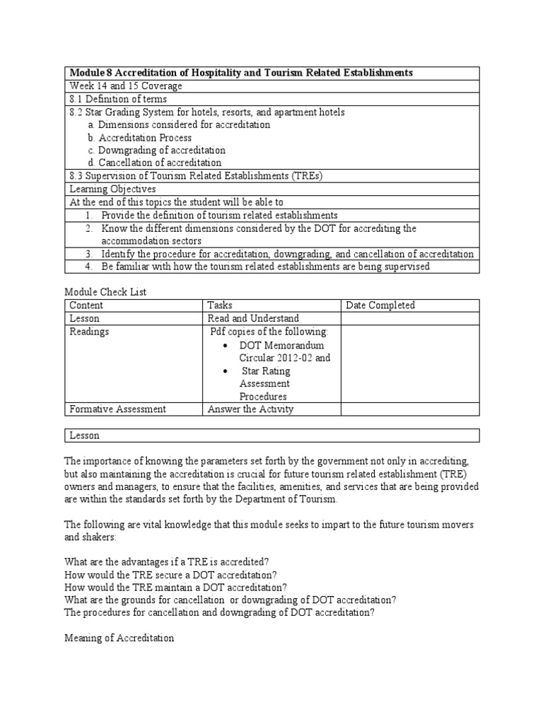 Accreditation of Hospitality and Tourism Related Establishment | PDF ...