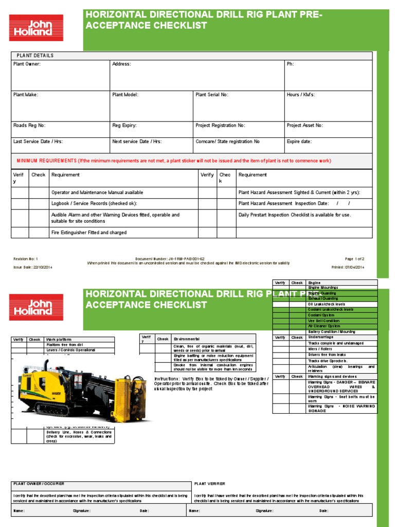 Horizontal Directional Drill Rig Plant Pre-Acceptance Checklist | PDF | Manufactured Goods | Nature