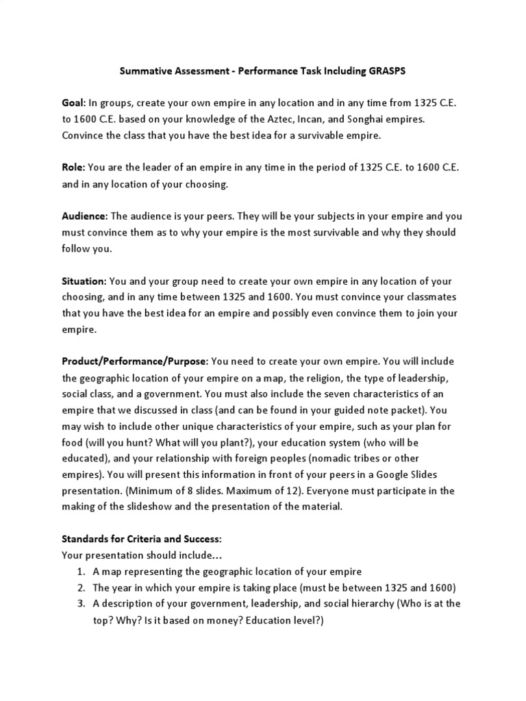 Summative Assessment - Performance Task Including Grasps | PDF ...