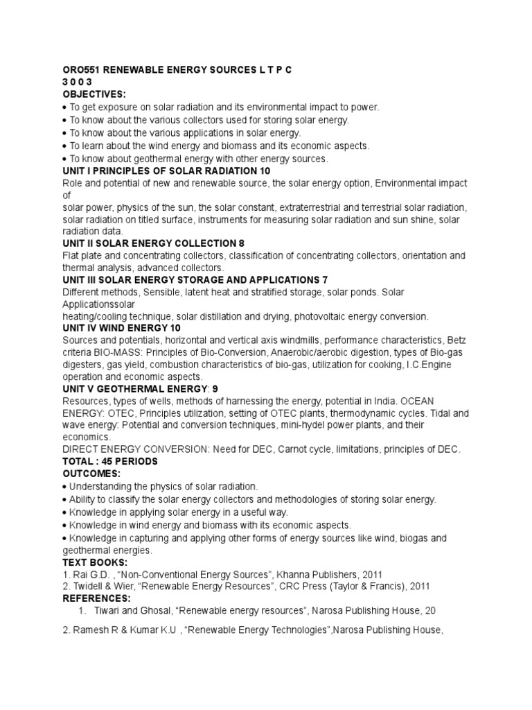 Renewable Energy Sources Syllabus | PDF | Solar Energy | Renewable Energy