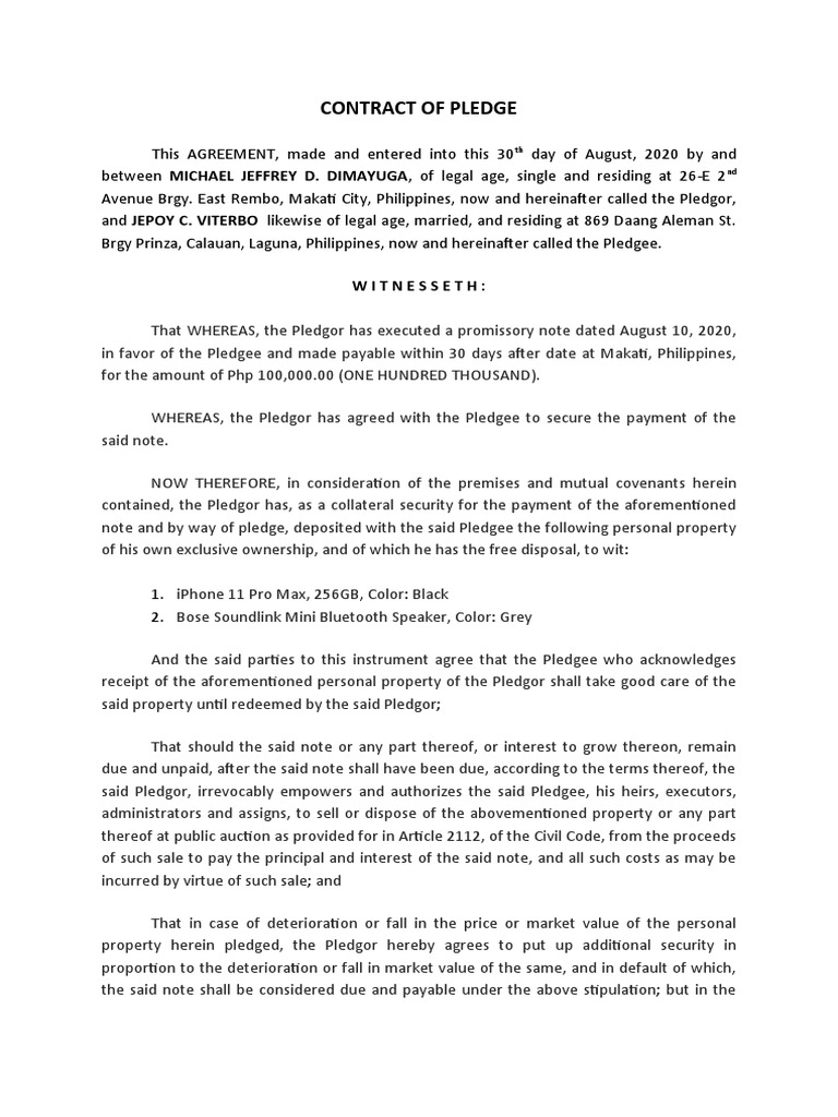 Contract of Pledge Dimayuga | PDF | Property Law | Civil Law (Legal System)