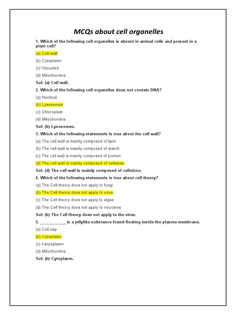 MCQs About Cell Organelles | PDF | Cytoplasm | Lysosome
