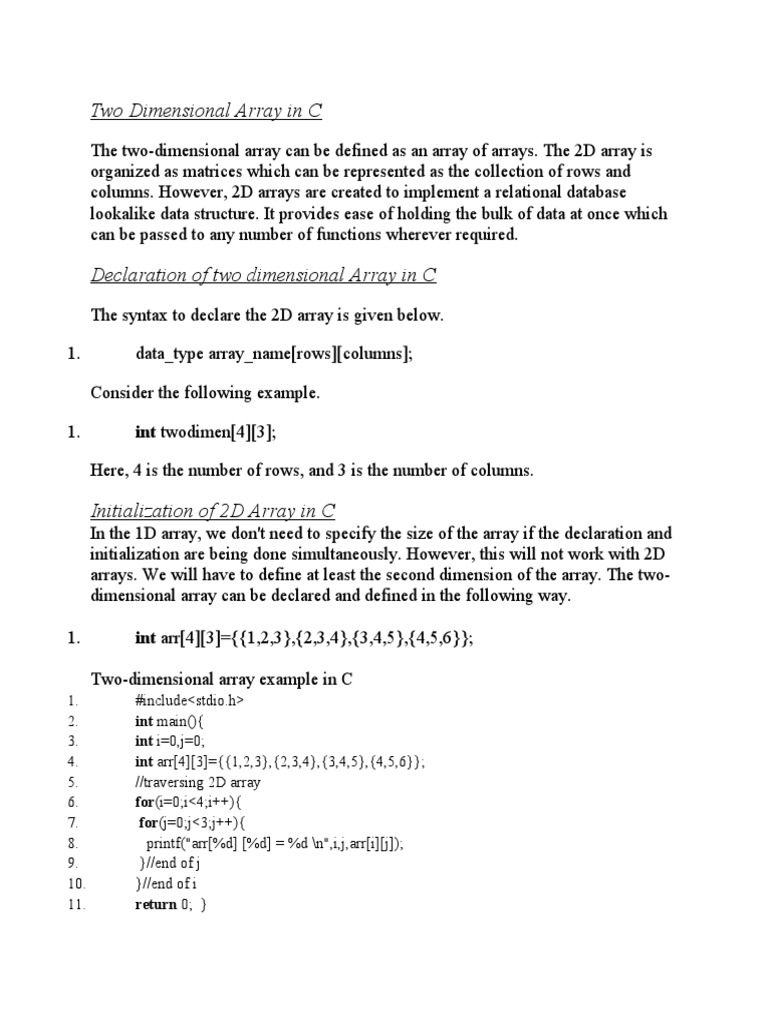 Two Dimensional Array In C Int Twodimen Pdf Parameter Computer Programming Subroutine