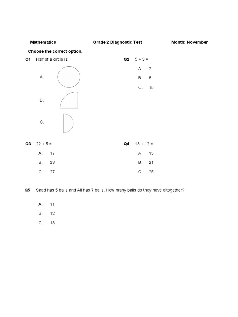 Grade 2 Math Diagnostic Test November | PDF