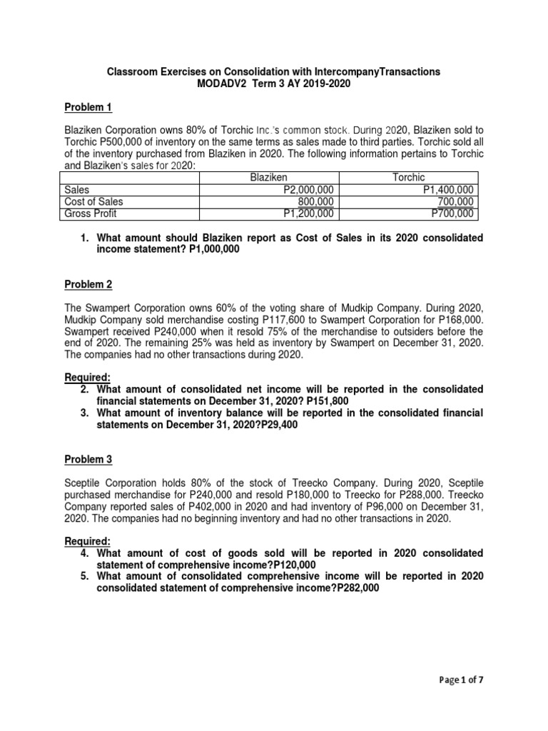 Classroom Exercises On Consolidation With Intercompany Sale of ...