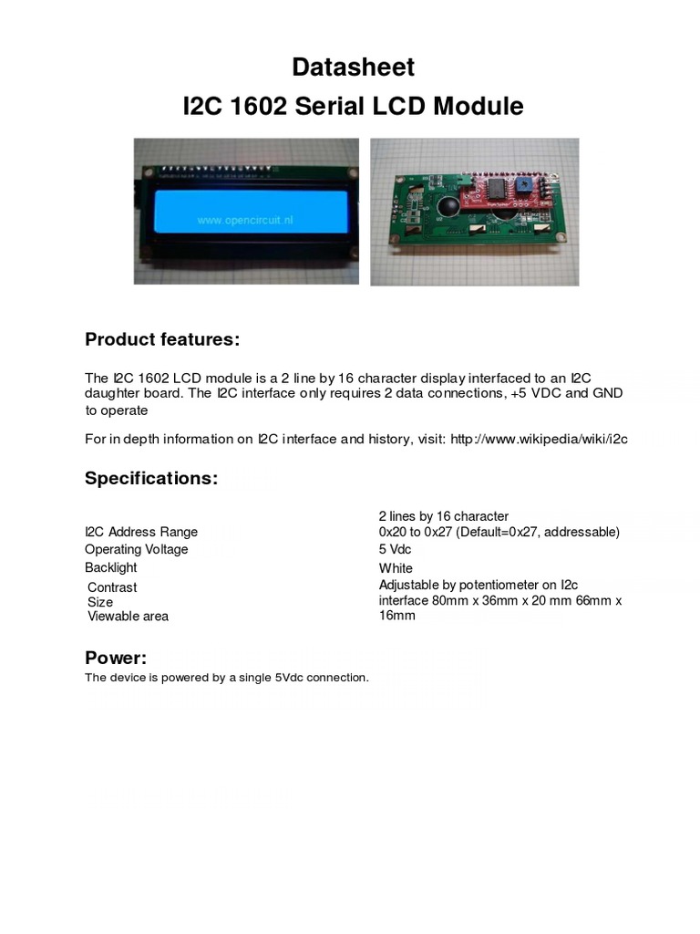 Datasheet I2C 1602 Serial LCD Module: Product Features | PDF