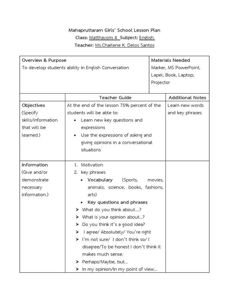 Matthayom 4 English Conversation Lesson on Expressing Opinions | PDF ...