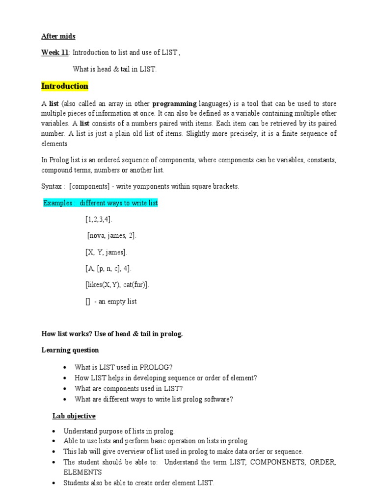 After Mids Week 11: Introduction To List and Use of LIST | PDF | Component Based Software ...