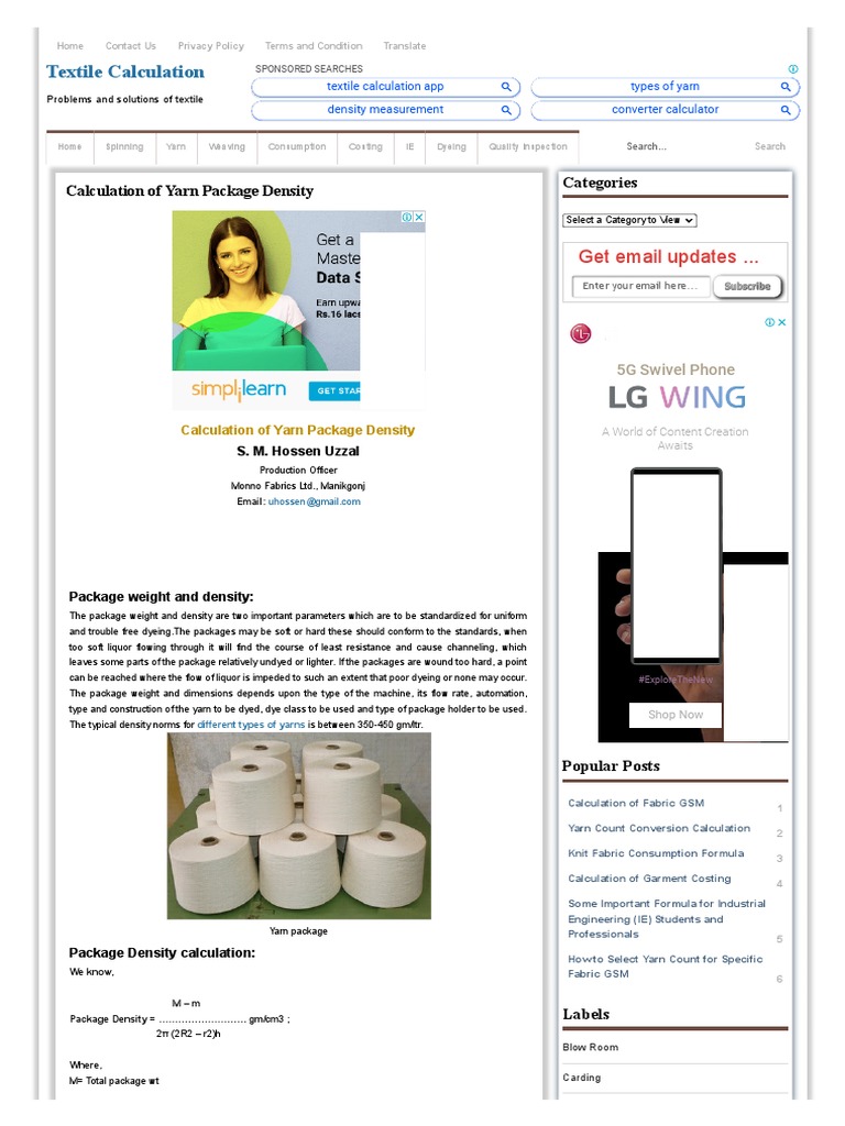Calculation of Yarn Package Density - Textile Calculation | PDF | Yarn ...