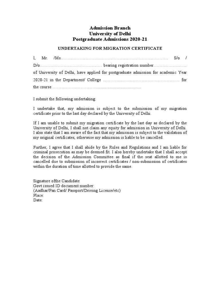 Undertaking Migration Certificate | PDF