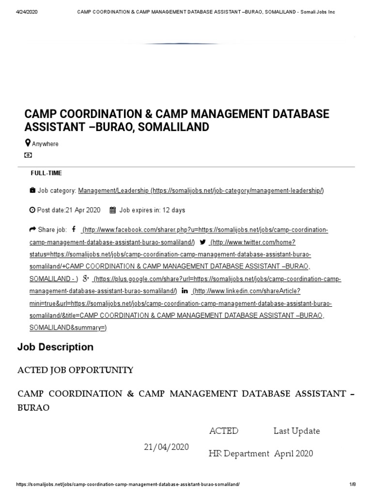 Camp Coordination & Camp Management Database Assistant - Burao ...