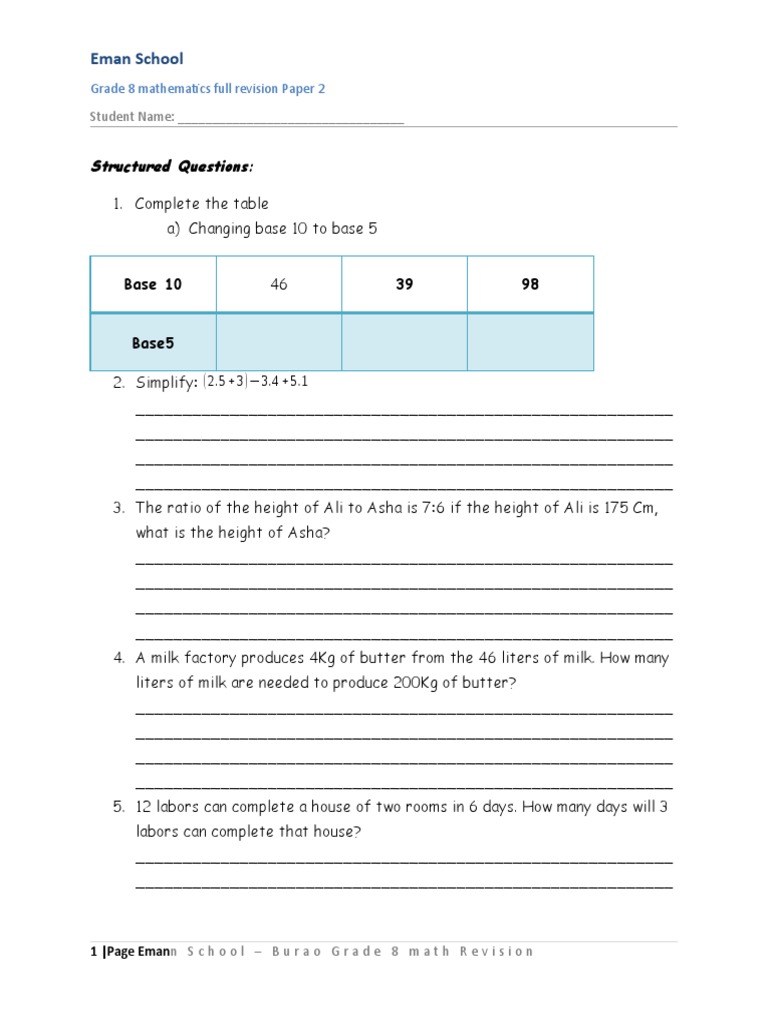 Grade 8 Math Full Revision 2018-2019 Abdulrazak Paper 2 | PDF ...