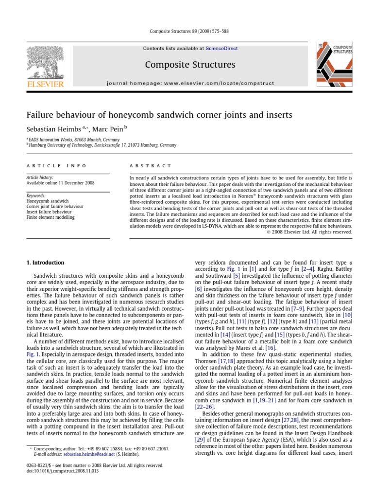 Analysis of Failure Behavior of Honeycomb Sandwich Corner Joints and Inserts Through ...