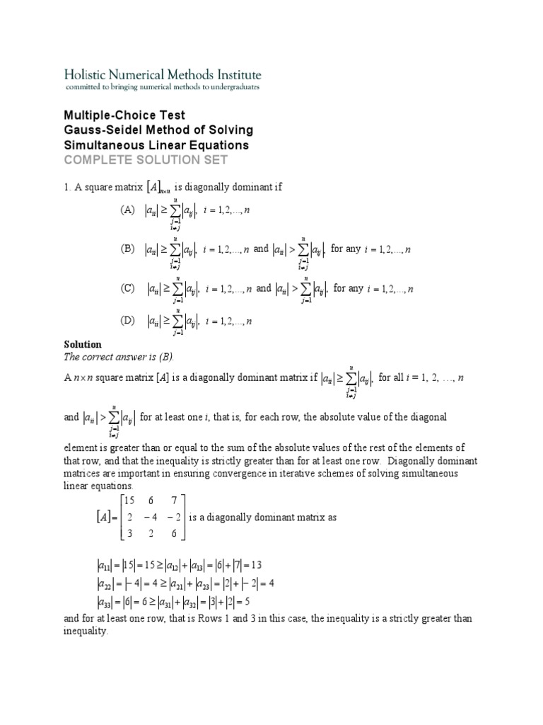 Multiple-Choice Test Gauss-Seidel Method of Solving Simultaneous Linear ...