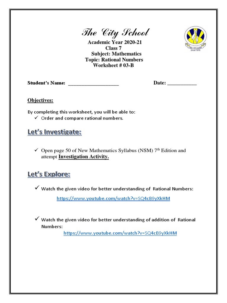 Class 7 Math Worksheet 03-B Rational Numbers PDF | PDF