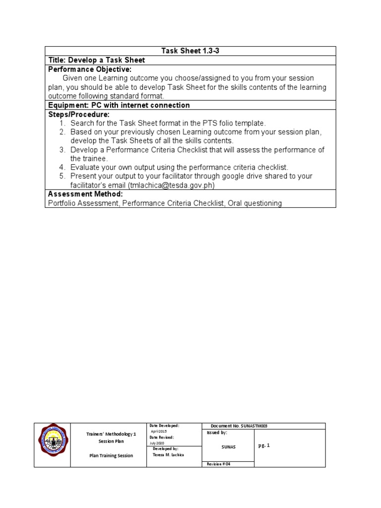 TASK Sheet 1.3-3 Develop A Task Sheet | PDF | Educational Assessment ...