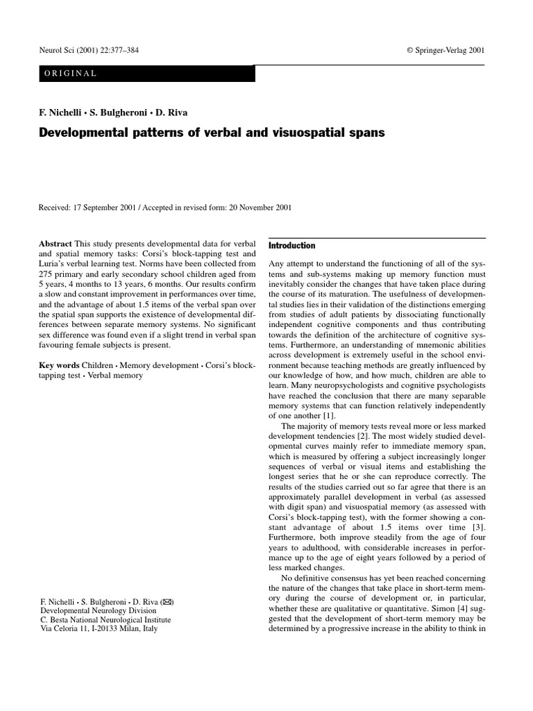 Developmental Patterns of Verbal and Visuospatial Spans | PDF ...