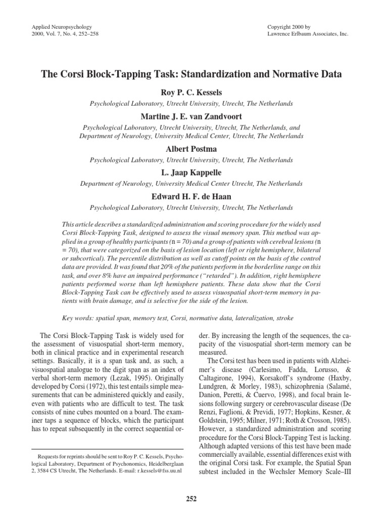 The Corsi Block-Tapping Task Standardization and Normative Data | PDF | Lateralization Of Brain ...