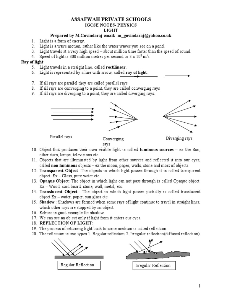 IGCSE Physics: Light and Reflection Notes | PDF | Reflection (Physics ...