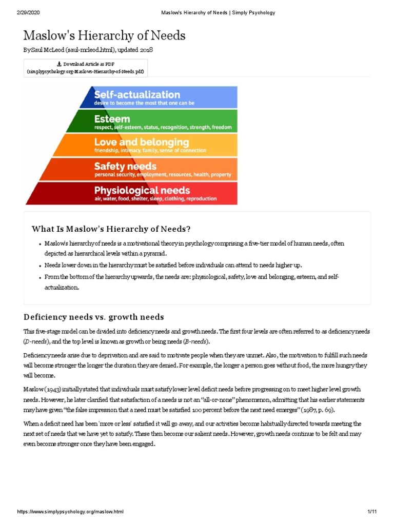 Maslow's Hierarchy of Needs - Simply Psychology | Download Free PDF | Self Actualization ...