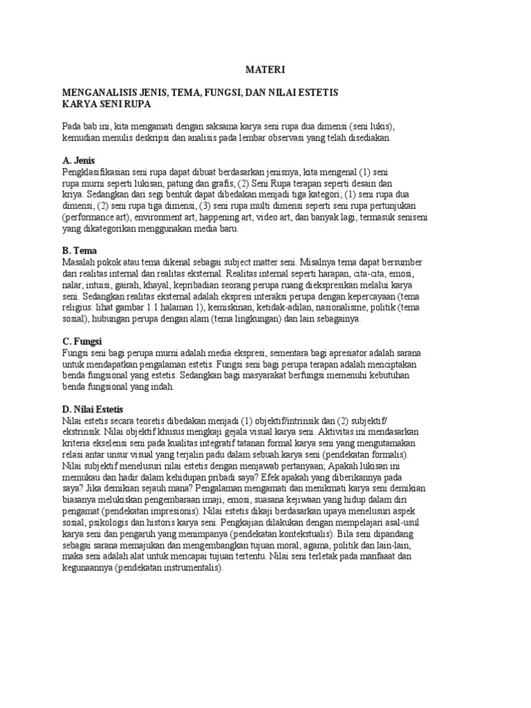 Rangkuman Materi Jenis, Tema, Fungsi, Nilai Estetis | PDF
