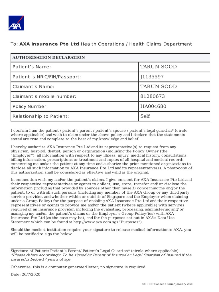 AXA Insurance Claim Authorization Form | PDF | Patient | Medical Record