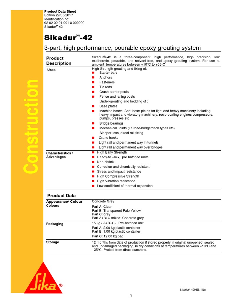 Sikadur - 42: 3-Part, High Performance, Pourable Epoxy Grouting System ...