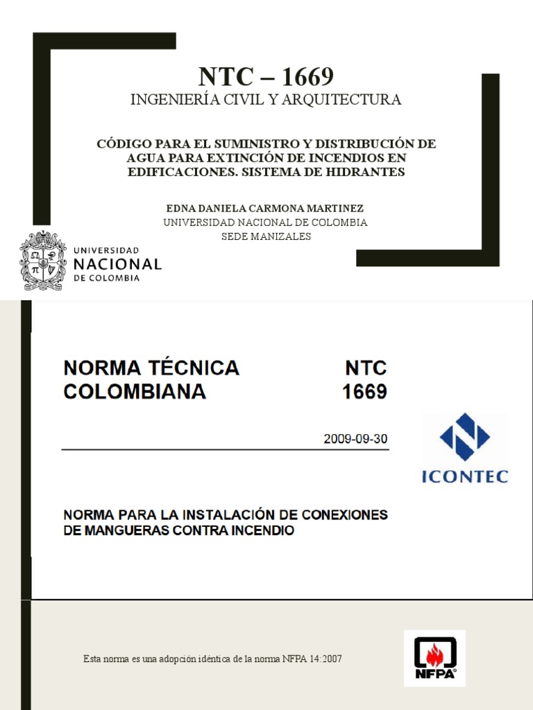 Exposicion Normativa NTC-1669 | PDF | Tubería (transporte de fluidos) | Sistema de rociadores ...