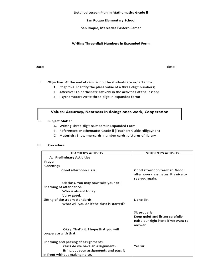 Grade 2 Lesson Plan: Expanded Form | PDF | Lesson Plan | Teachers